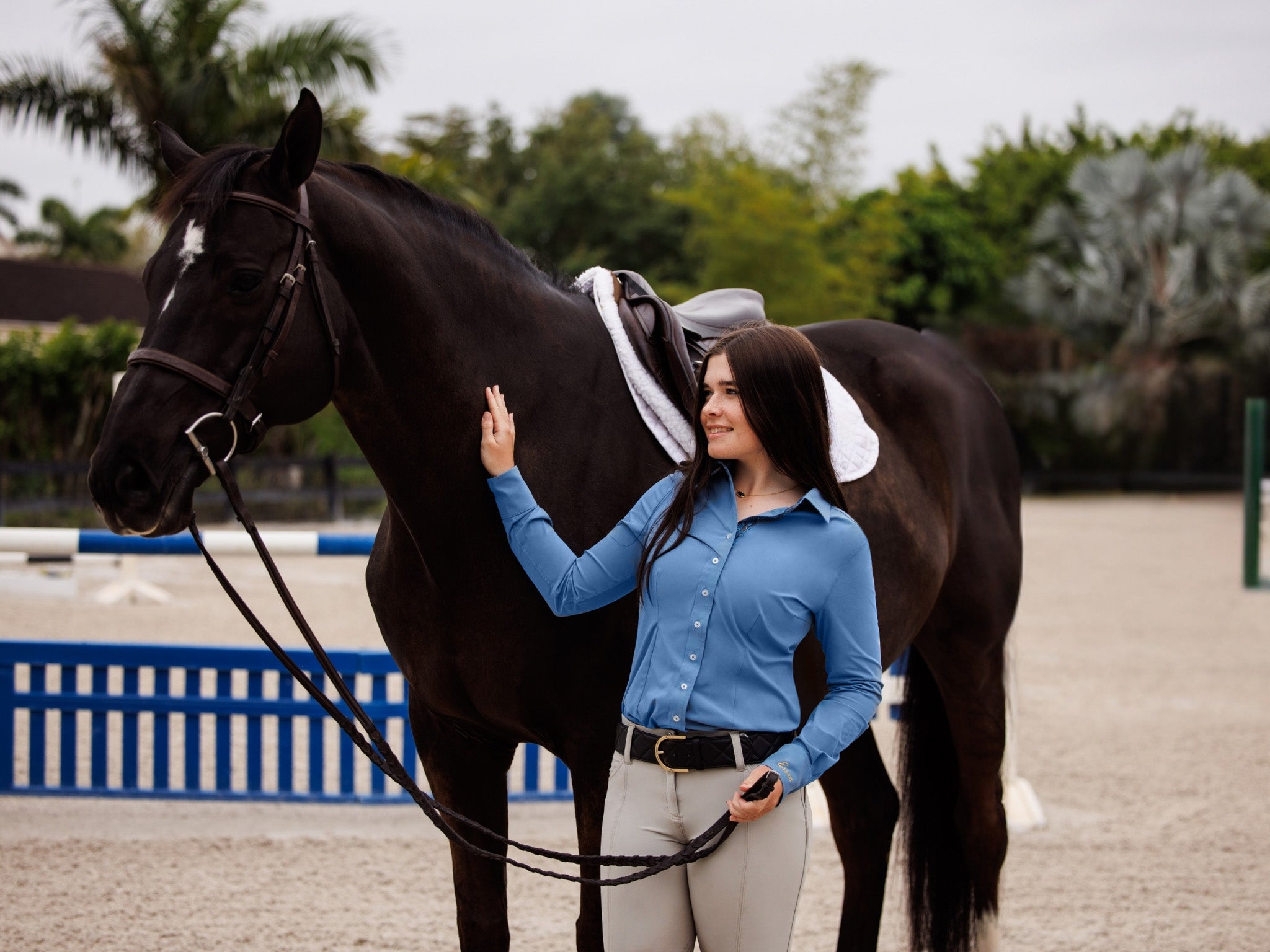 Dora II Schooling Shirt - Blue with Golden Snaffle Trim – Essex Classics